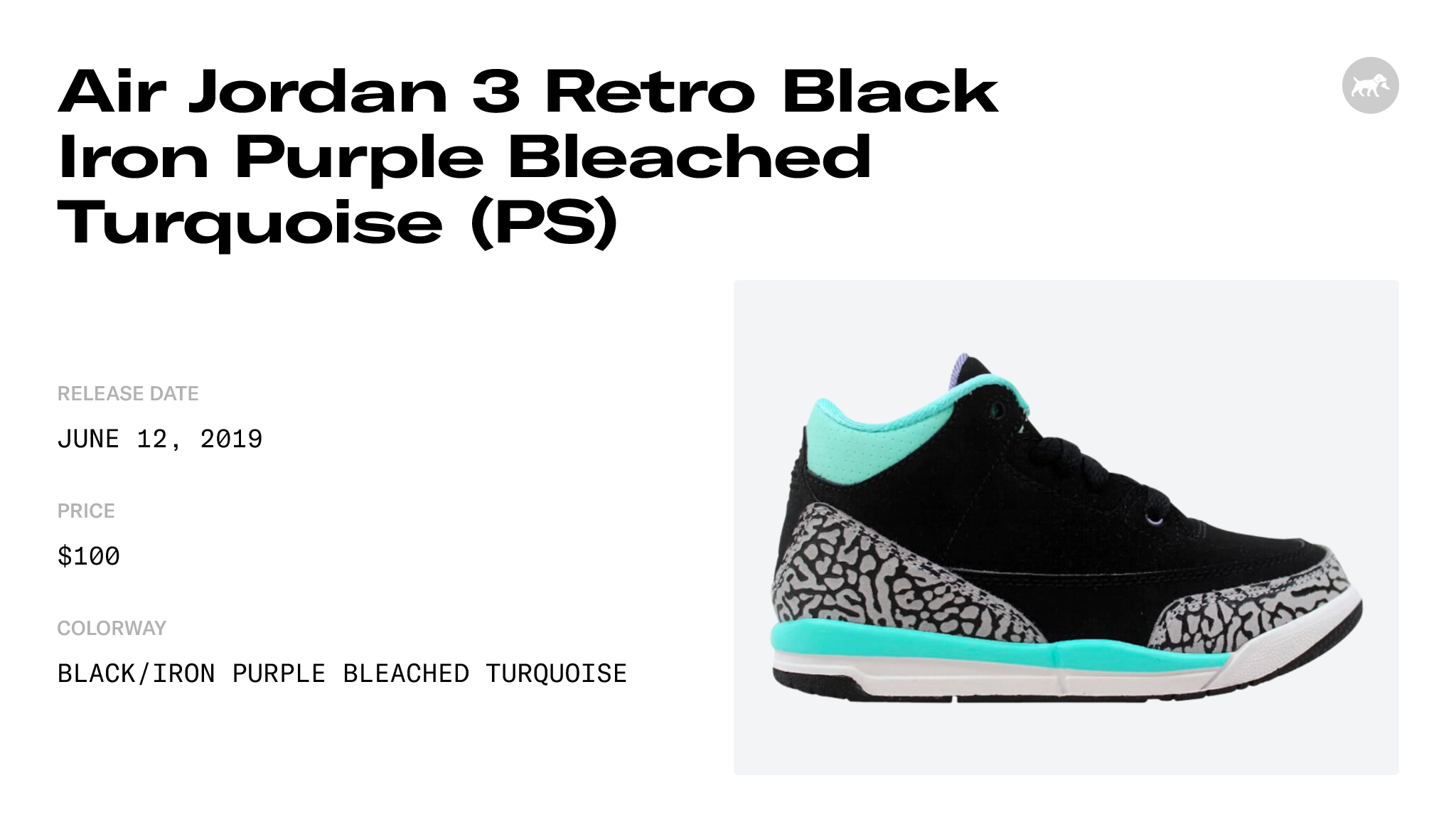 Air Jordan 3 Retro Black Iron Purple Bleached Turquoise (PS) - 441141-045