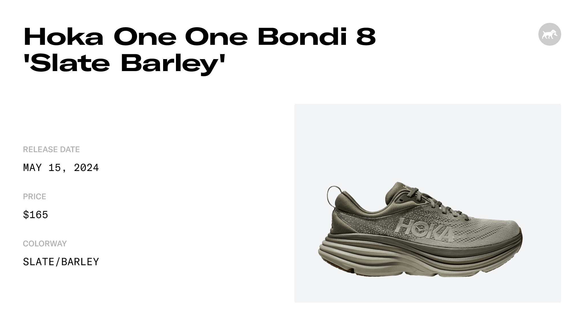 Hoka One One Bondi 8 'Slate Barley' - 1123202-SBRL Release Info