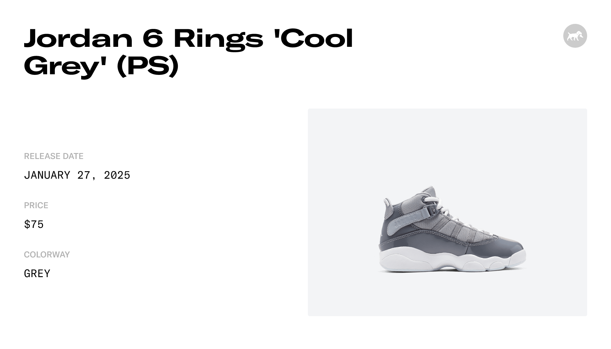 Jordan 6 Rings 'Cool Grey' (PS) - 323432-015 Release Info