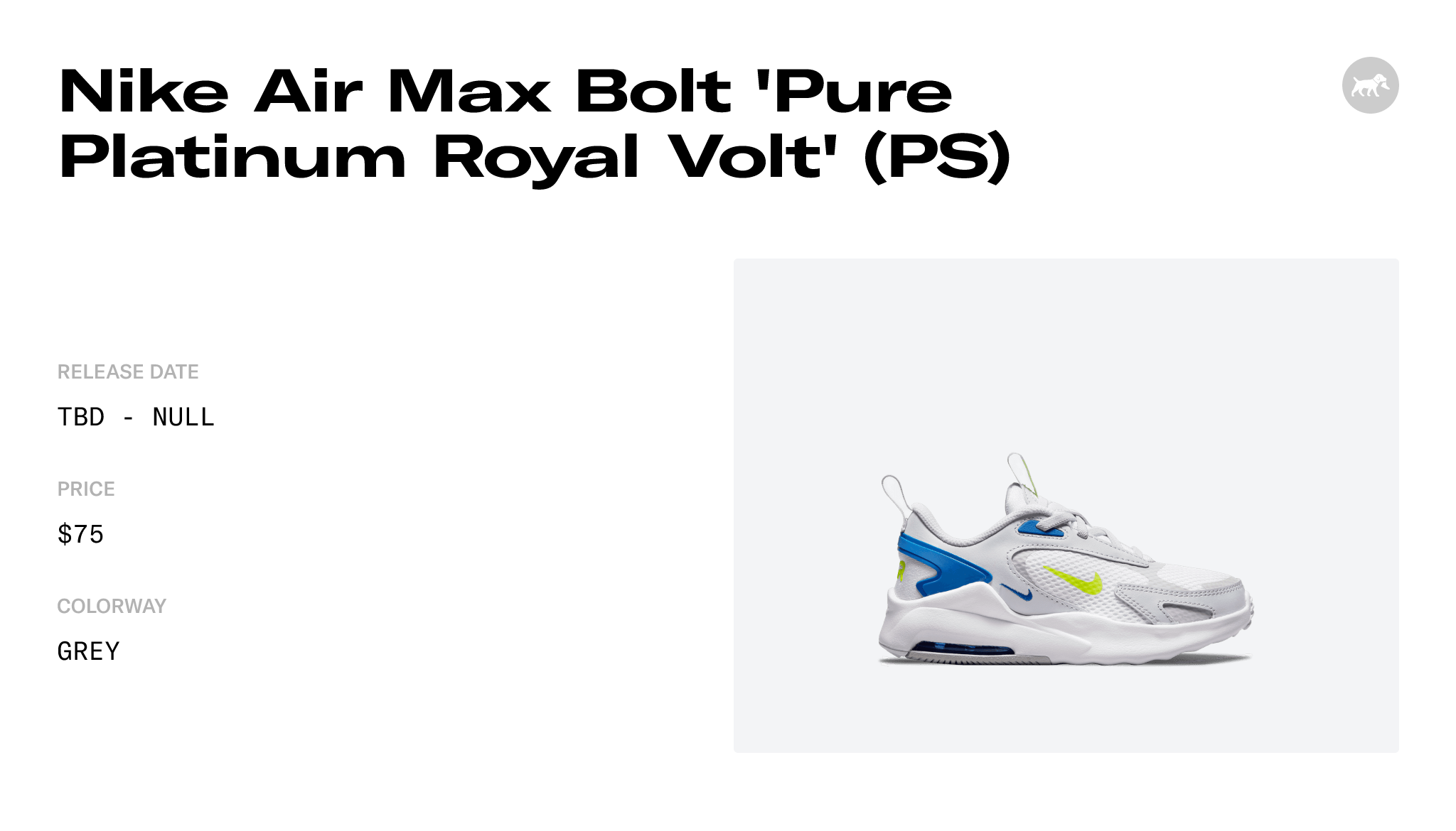 Nike Air Max Bolt 'Pure Platinum Royal Volt' (PS) - CW1627-004 Release Info