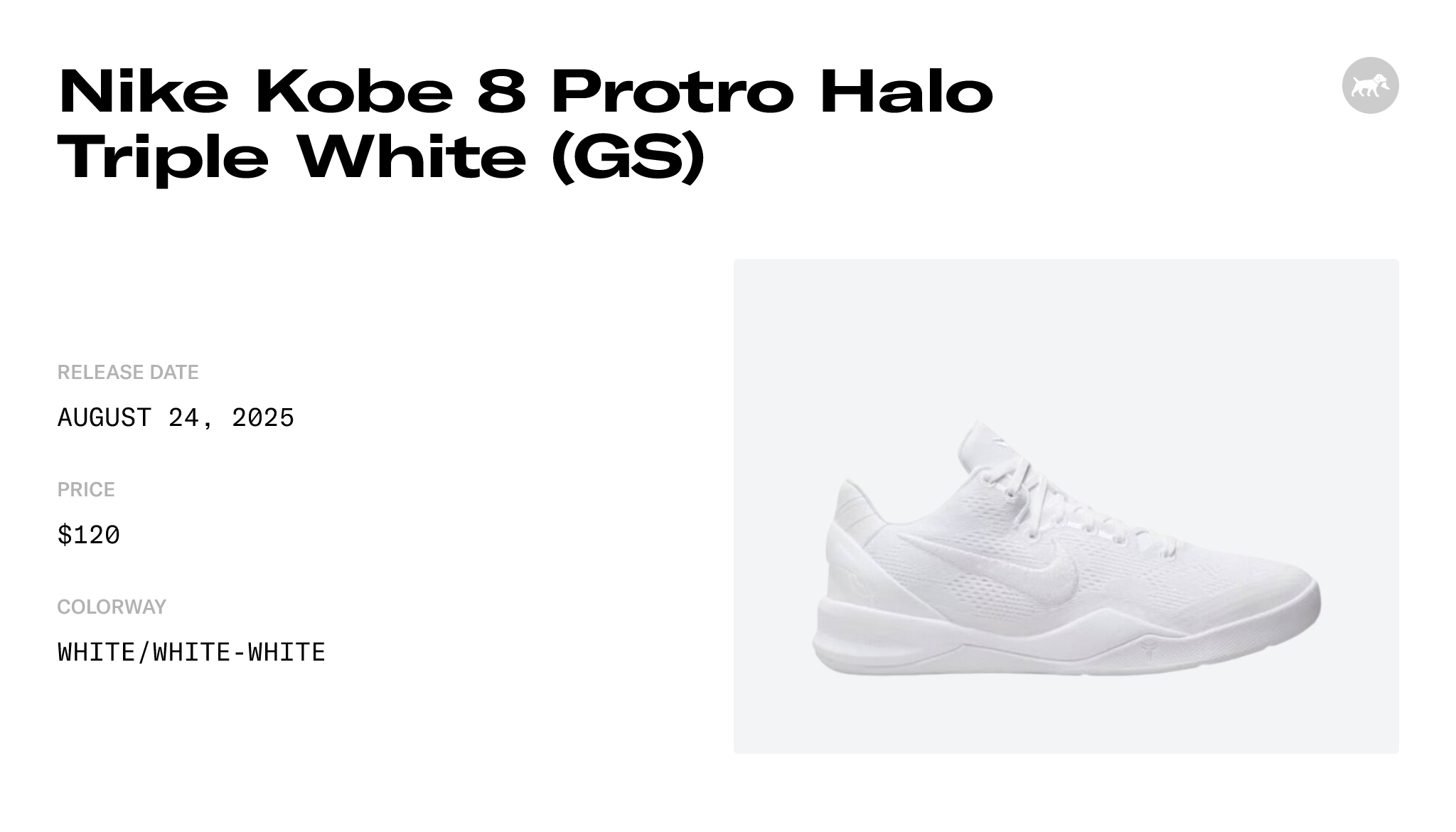 Nike Kobe 8 Protro Halo Triple White (GS) - FN0266-100